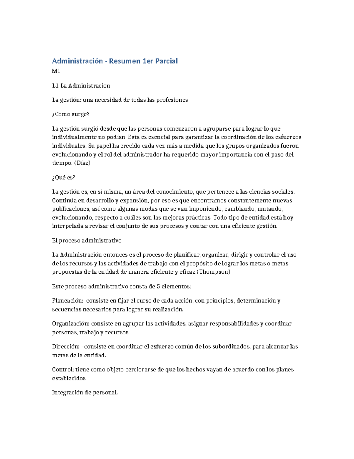 Administración Resumen 1er Parcial M1 L1: La Gestión y sus Fundamentos ...