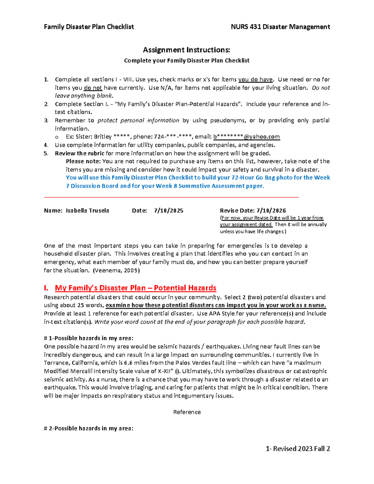 Family Disaster Plan Checklist NURS 431 - Comprehensive Guide - Studocu