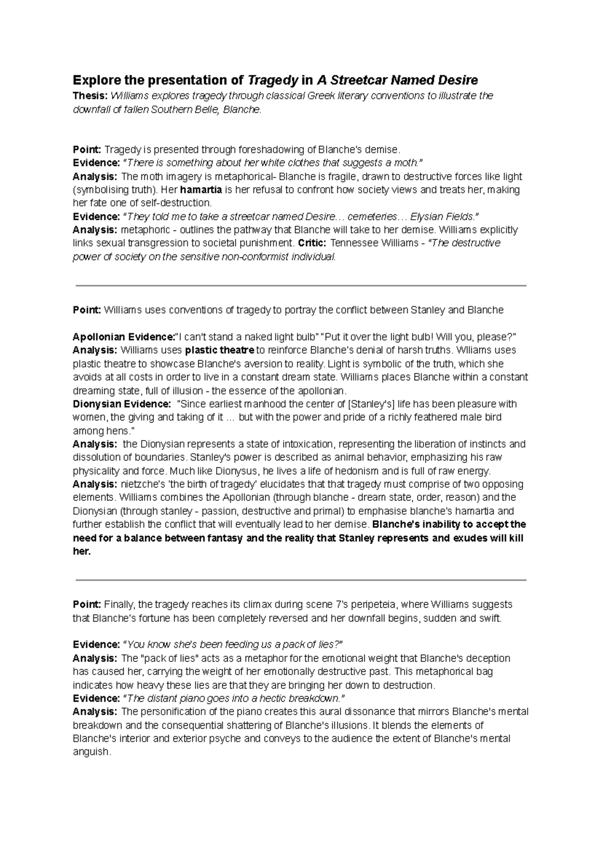 Tragedy in A Streetcar Named Desire: Essay Plan (ENG 101) - Studocu