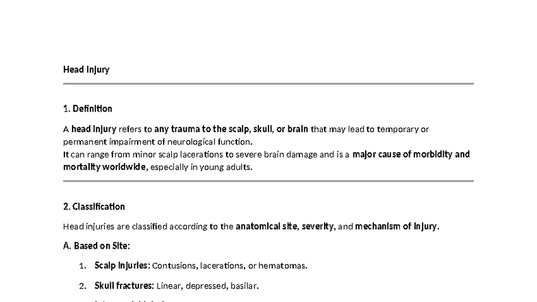 Head Injury Overview: Definition, Classification, and Management - Studocu