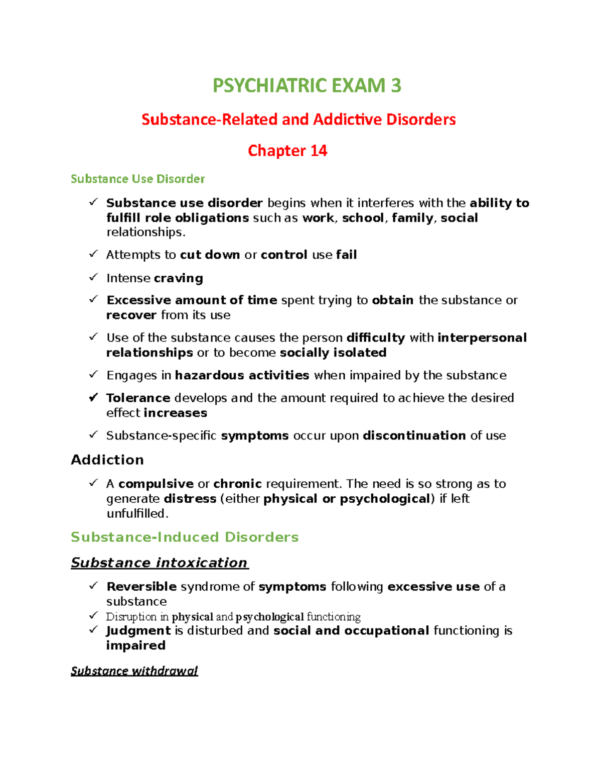 Psychiatric Exam 3: Substance Use Disorders Study Notes - Studocu