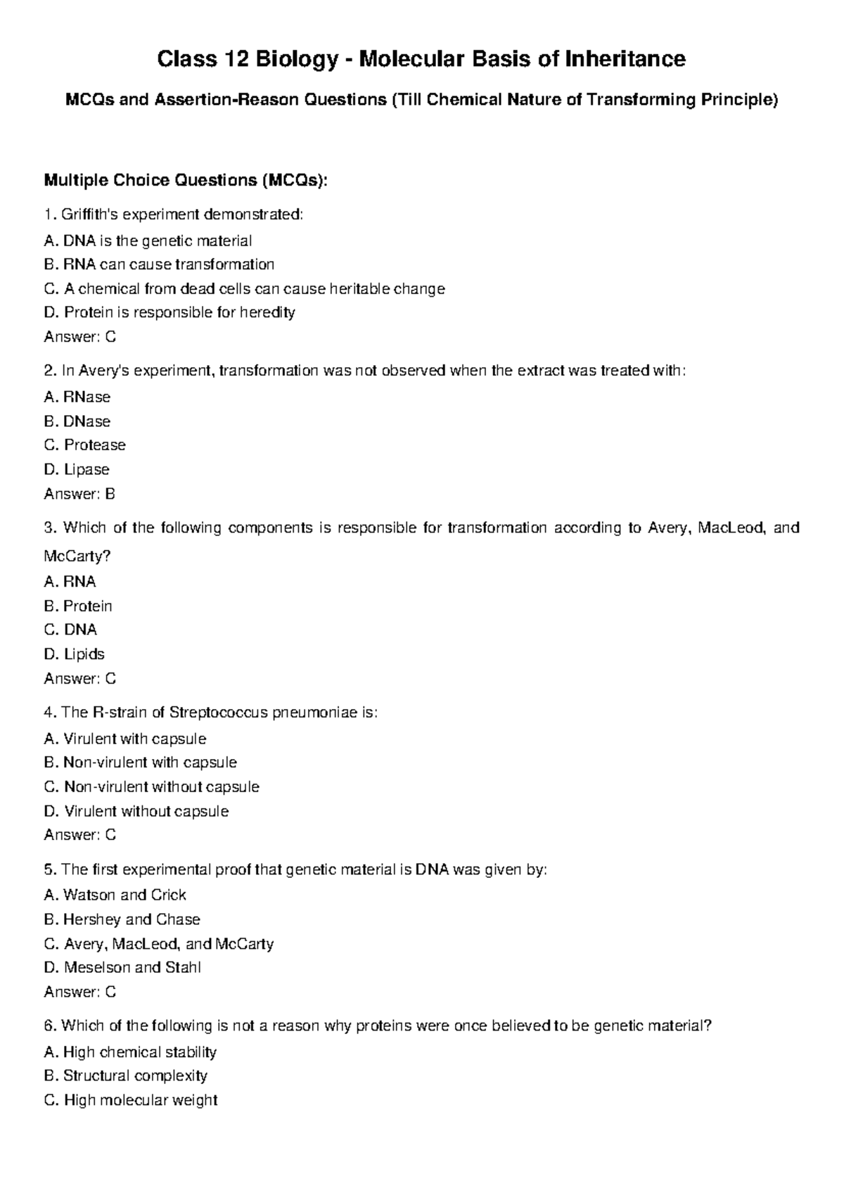 Class 12 Biology Molecular Basis of Inheritance MCQs and Questions ...