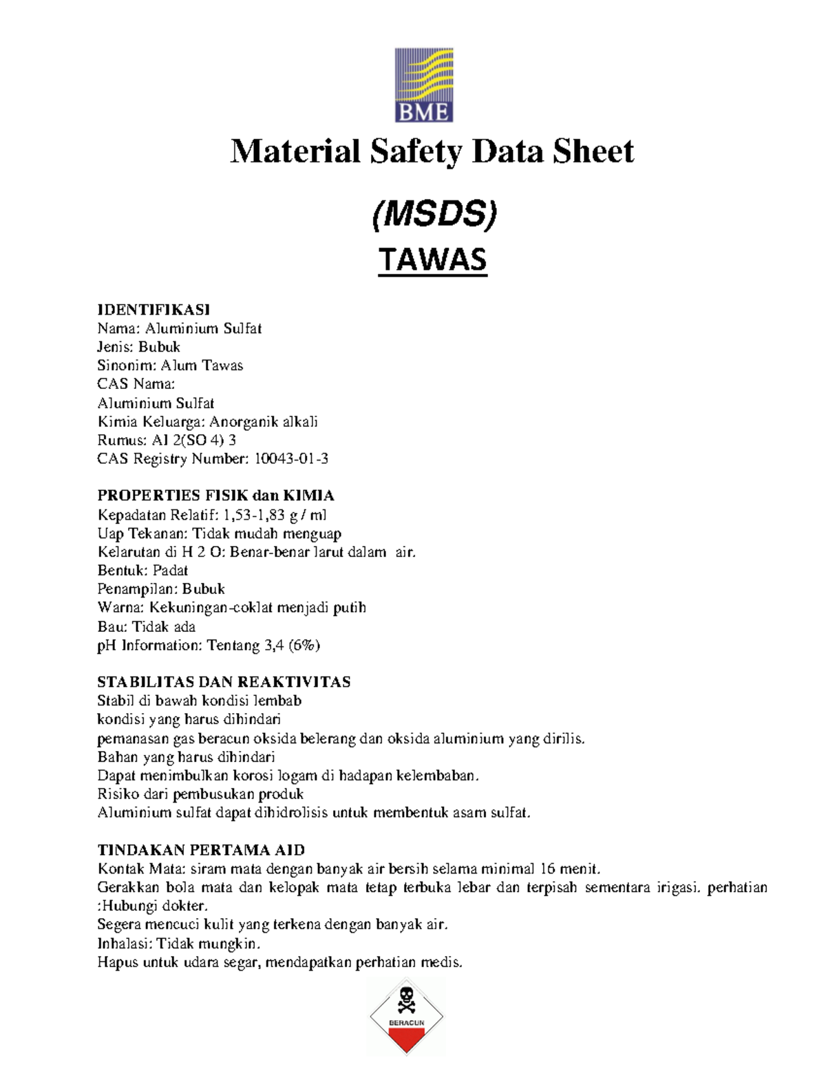 MSDS - Aluminium Sulfat Tawas - Data Keselamatan Bahan - Studocu
