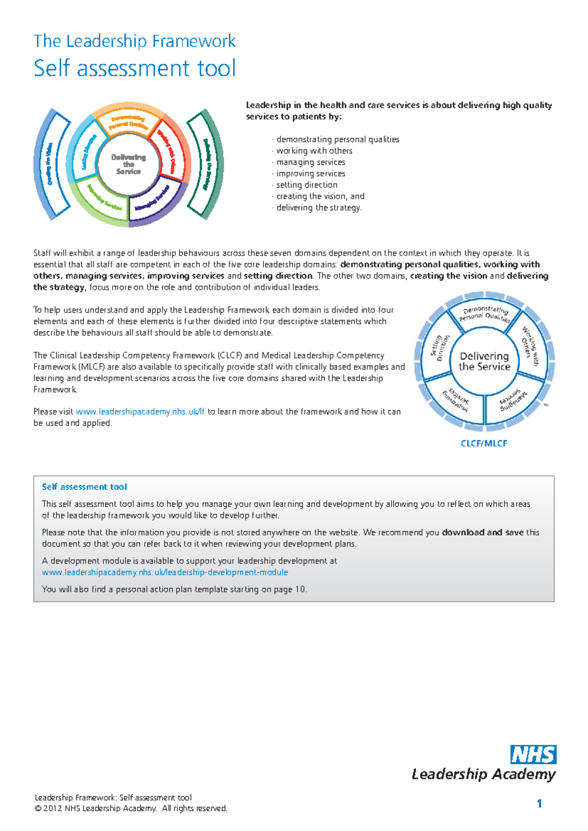 NHS Leadership Framework Self Assessment Tool Guide - Studocu
