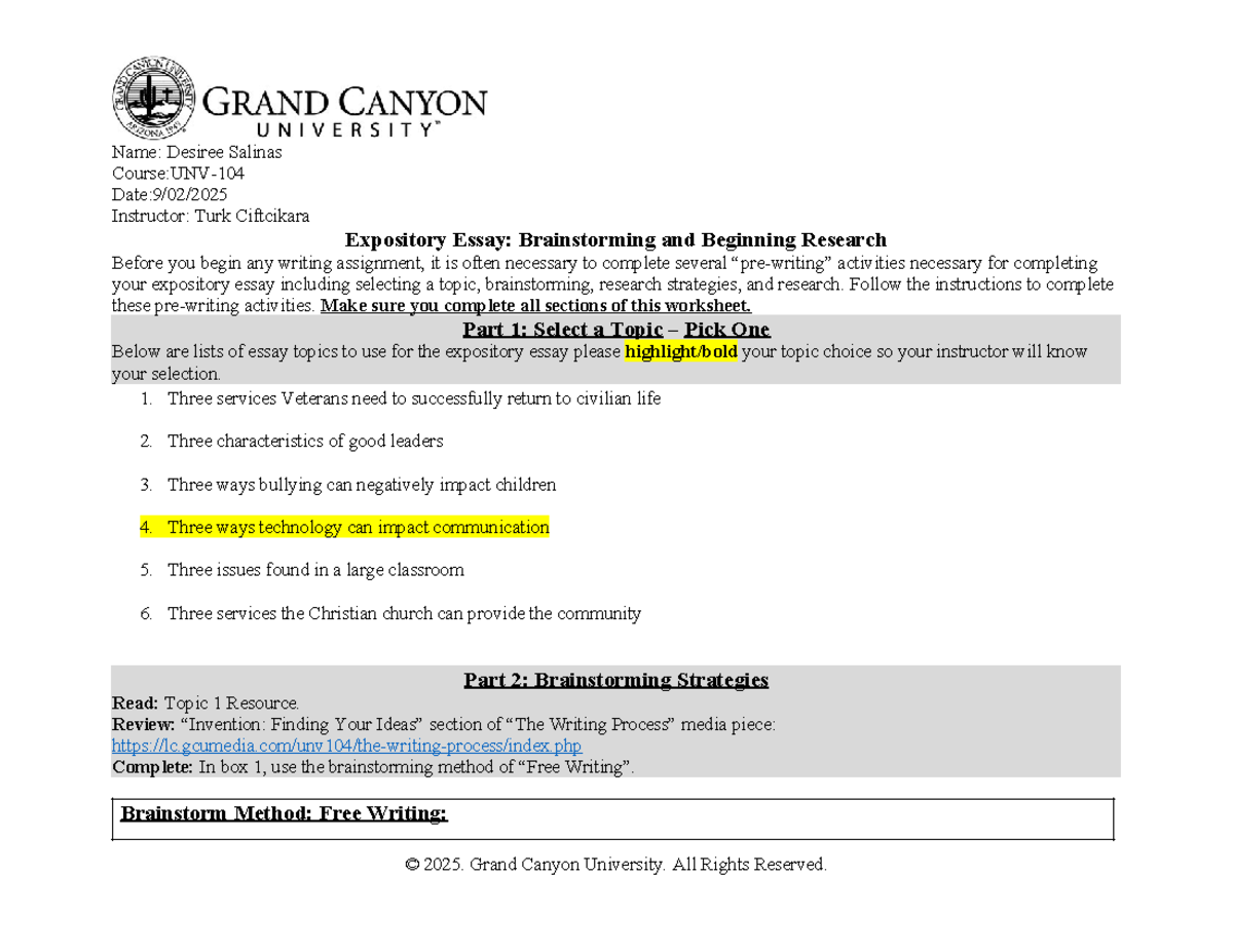 UNV-104 Expository Essay: Brainstorming & Research Strategies - Studocu