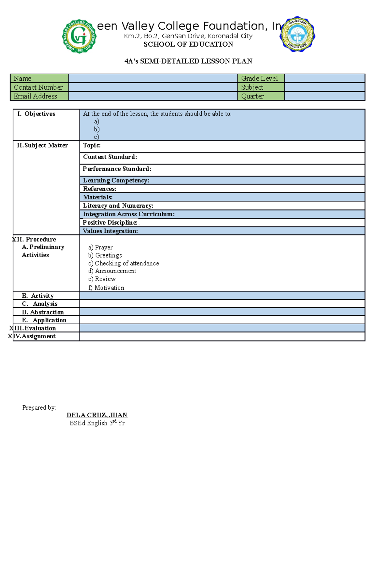 4AS SEMI Detailed Lesson PLAN Format - Green Valley College Foundation ...