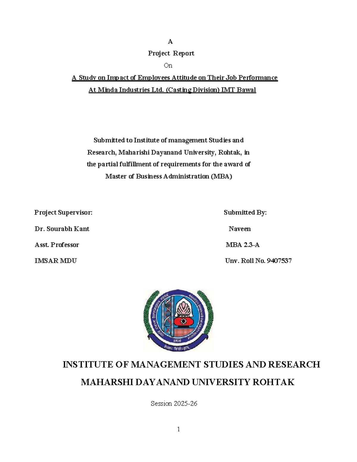 Impact of Employee Attitudes on Job Performance: A Project Report (MBA ...