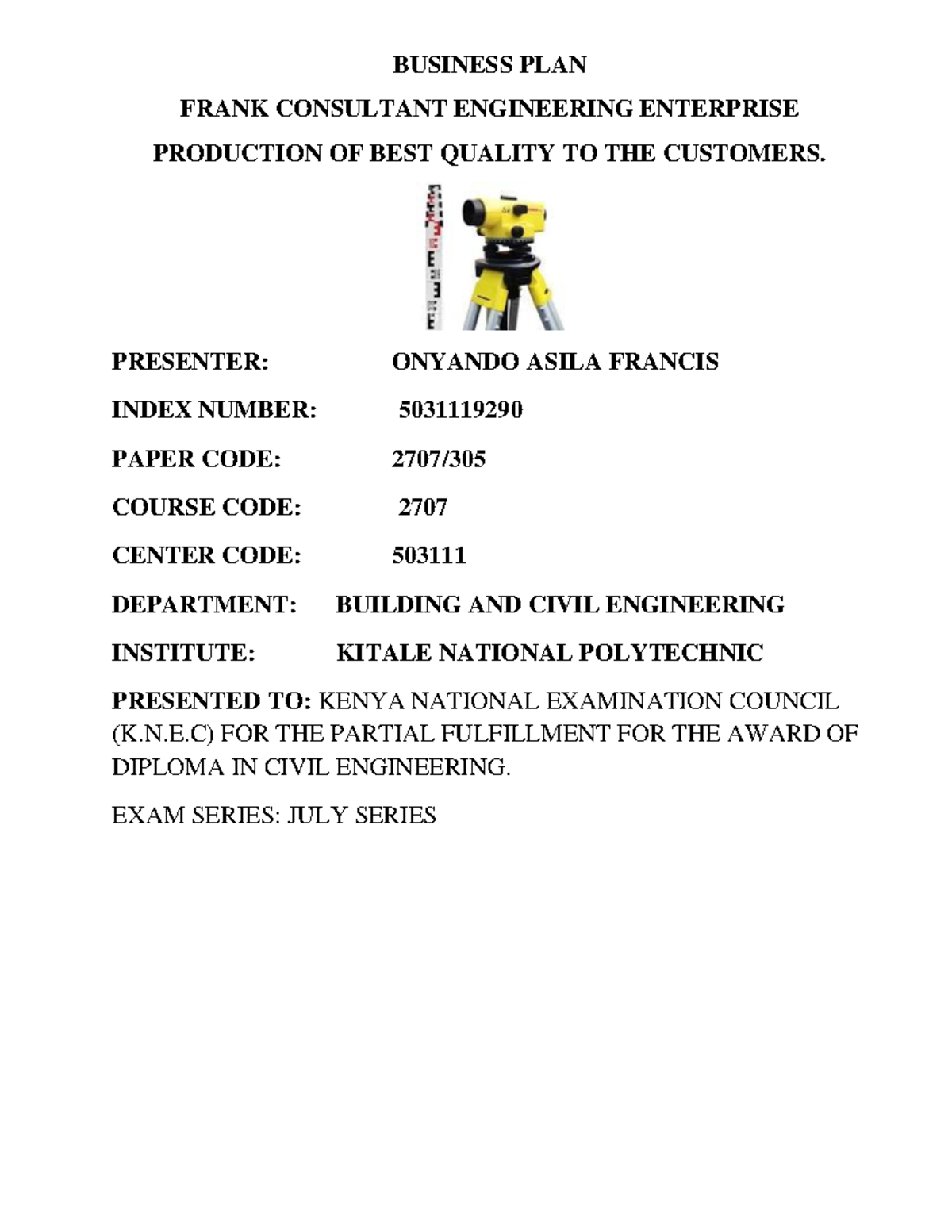 Business Plan for FRANK Consultant Engineering Enterprise (Course Code ...