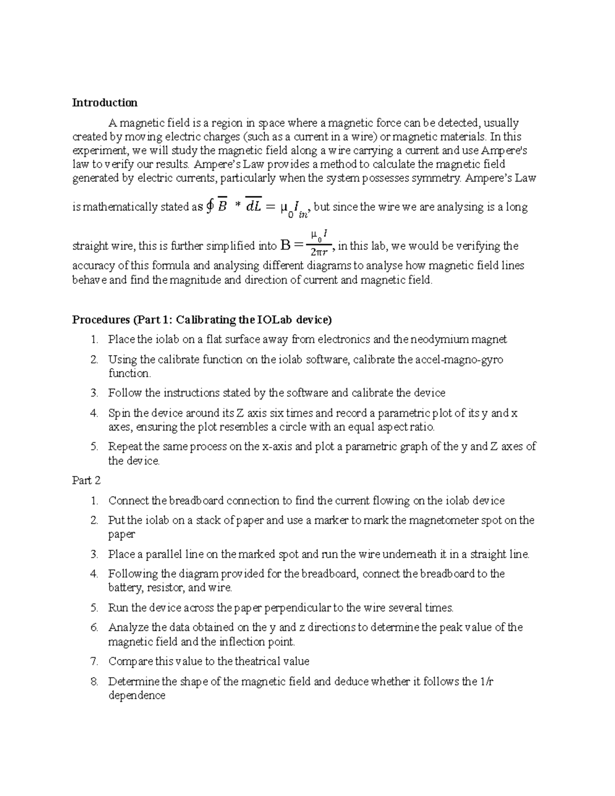 Magnetic Field Analysis Lab (PHYS 101): Current and Field Verification ...