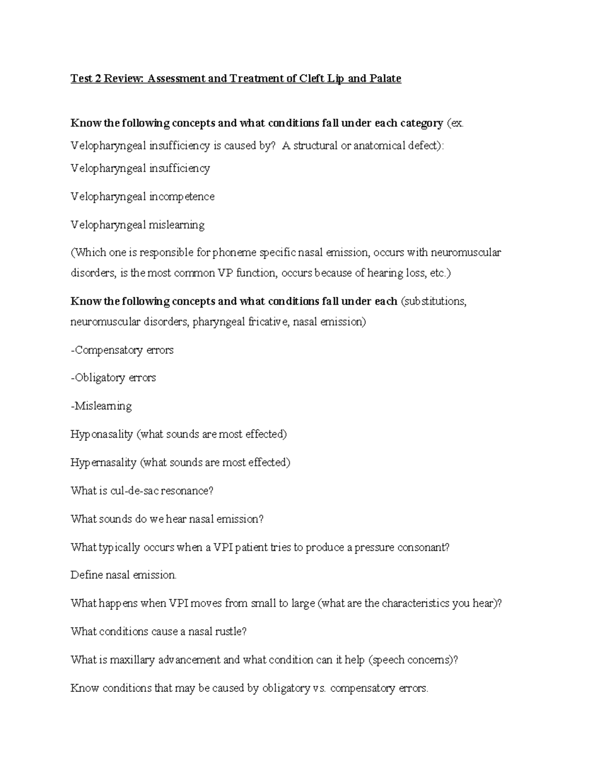 Test 2 Review: Cleft Lip & Palate Assessment & Treatment - Studocu