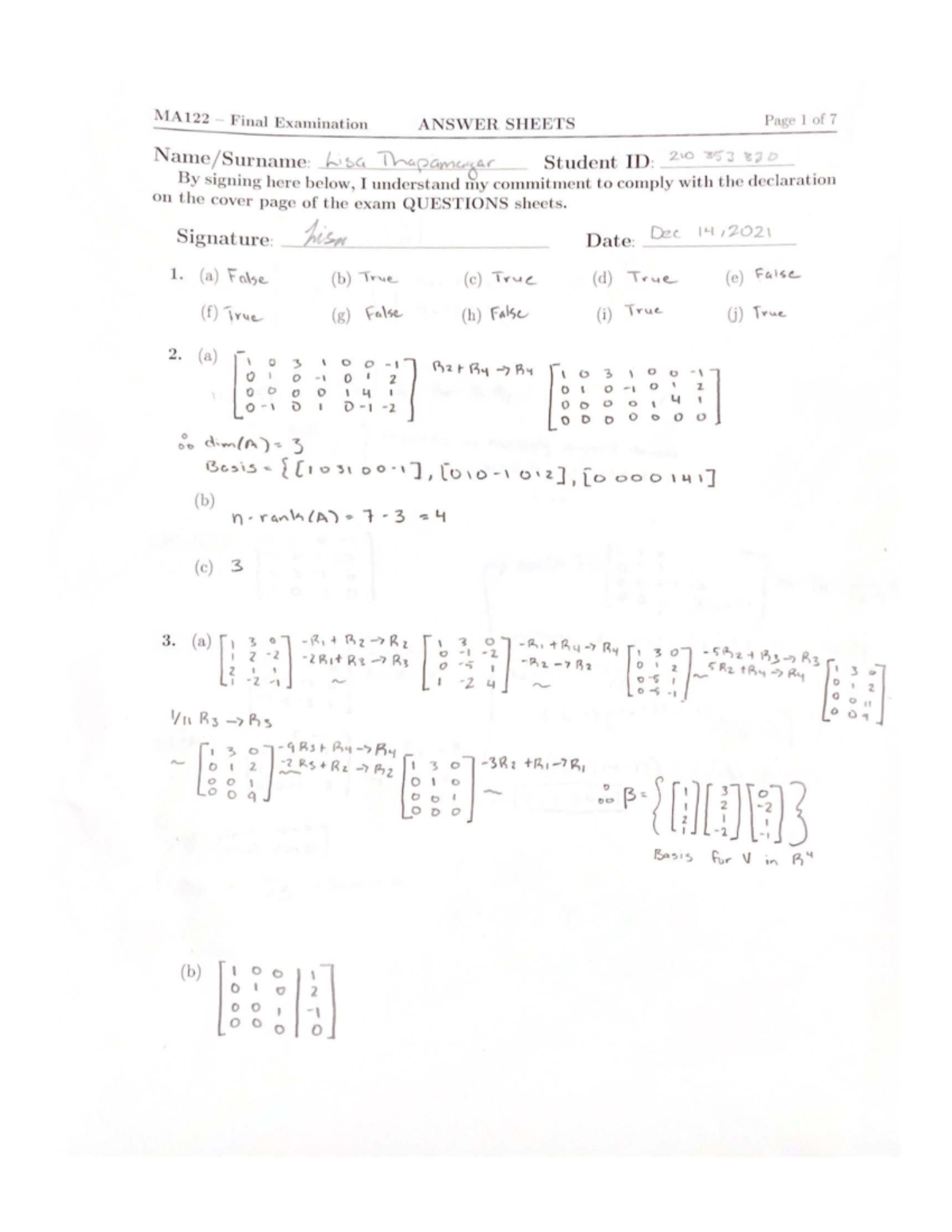 MA122 Linear Algebra Final Exam Practice Answer Sheets - Studocu