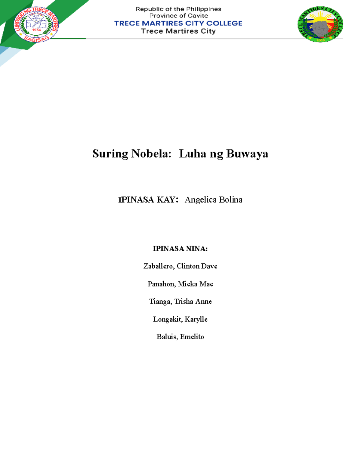 Suring Nobela: Aralin sa Luha ng Buwaya sa Filipino 102 - Studocu