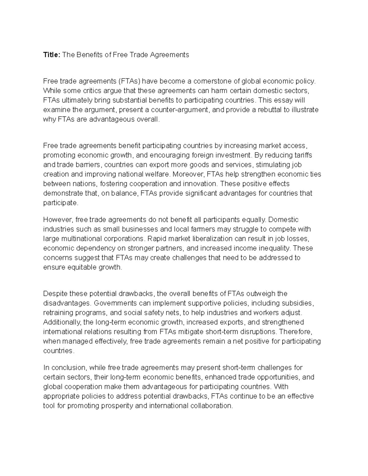 Title: Essays - Practice Essay on Free Trade Agreements and Business ...