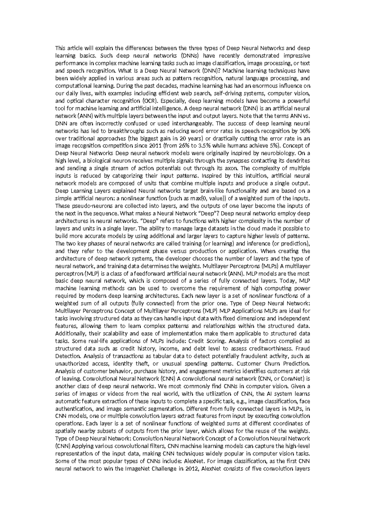 Deep Neural Networks: Types, Concepts, and Applications (FDTG) - Studocu