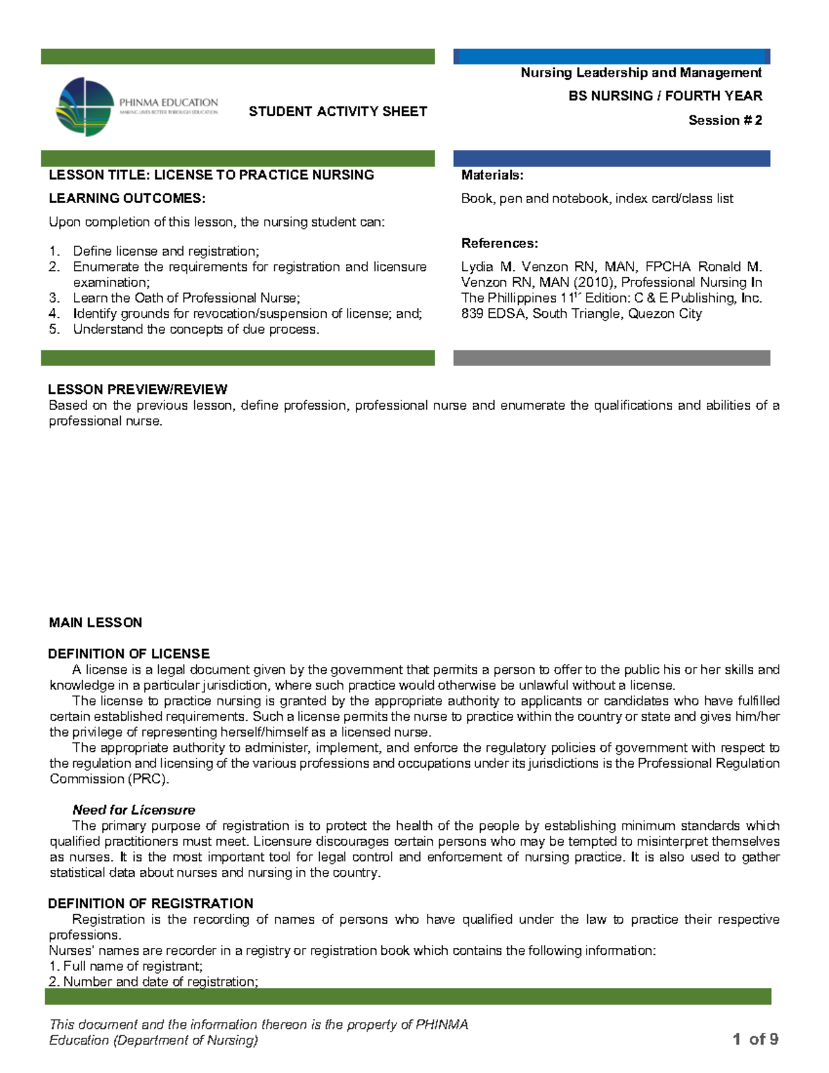 NURSING 4TH YEAR: LICENSE TO PRACTICE NURSING LESSON SHEET - Studocu