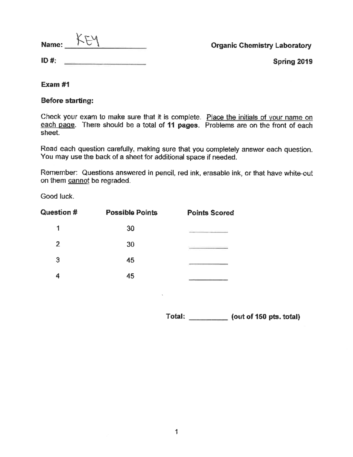Organic Chemistry Lab Exam 1 KEY Spring 2019 - Practice Review - Studocu