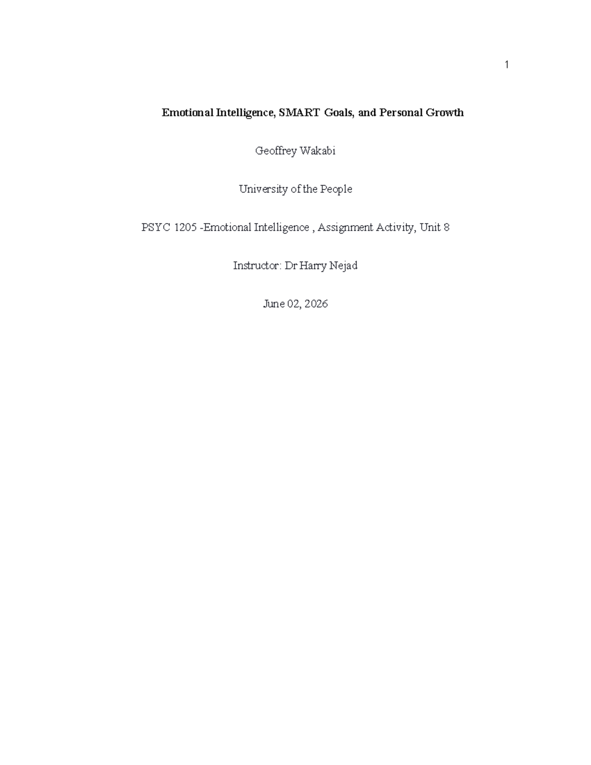 PSYC 1205 Unit 8: Emotional Intelligence & SMART Goals for Growth - Studocu