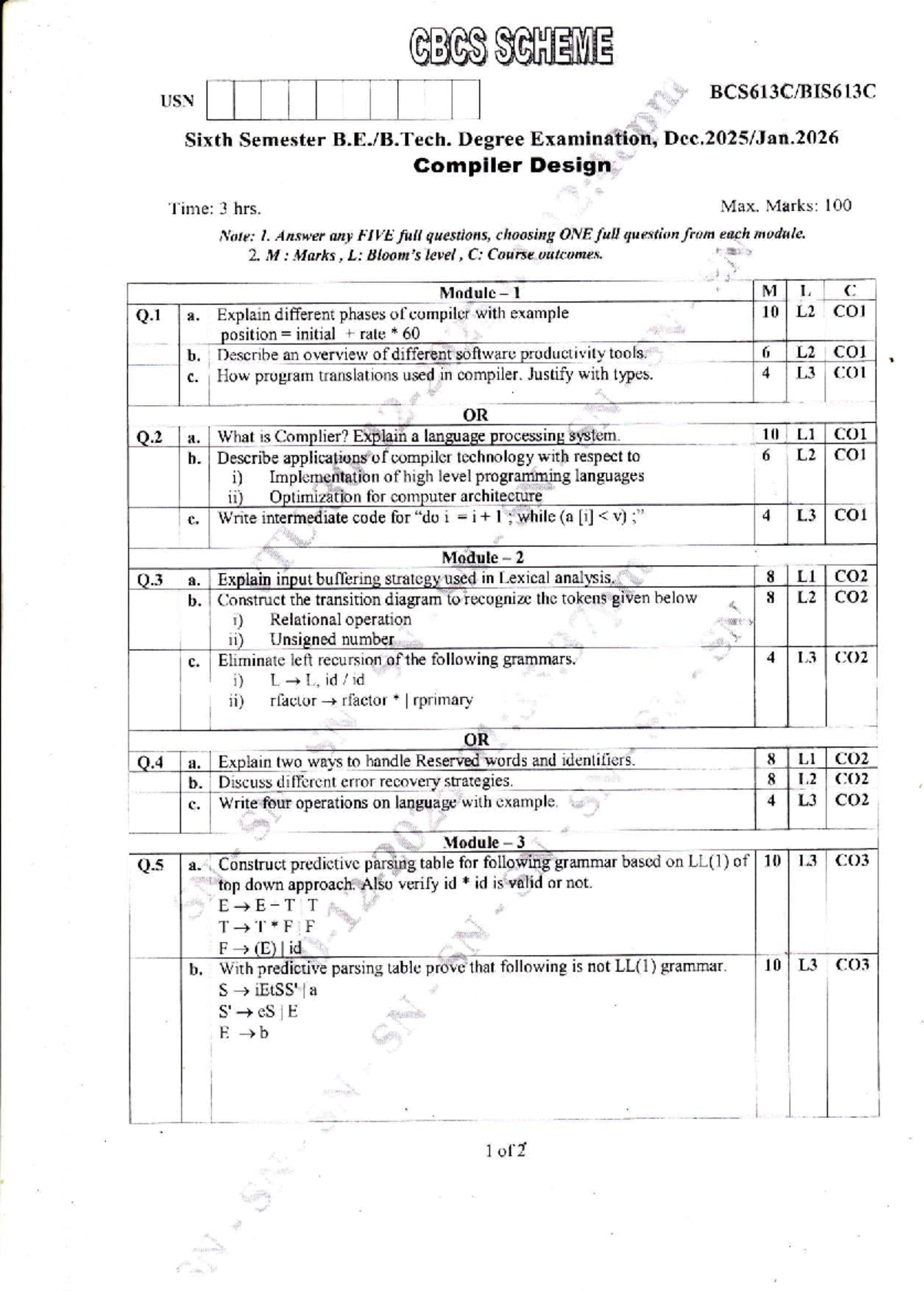 Compiler Technology: Sixth Semester Exam (GFFI USN) - Studocu