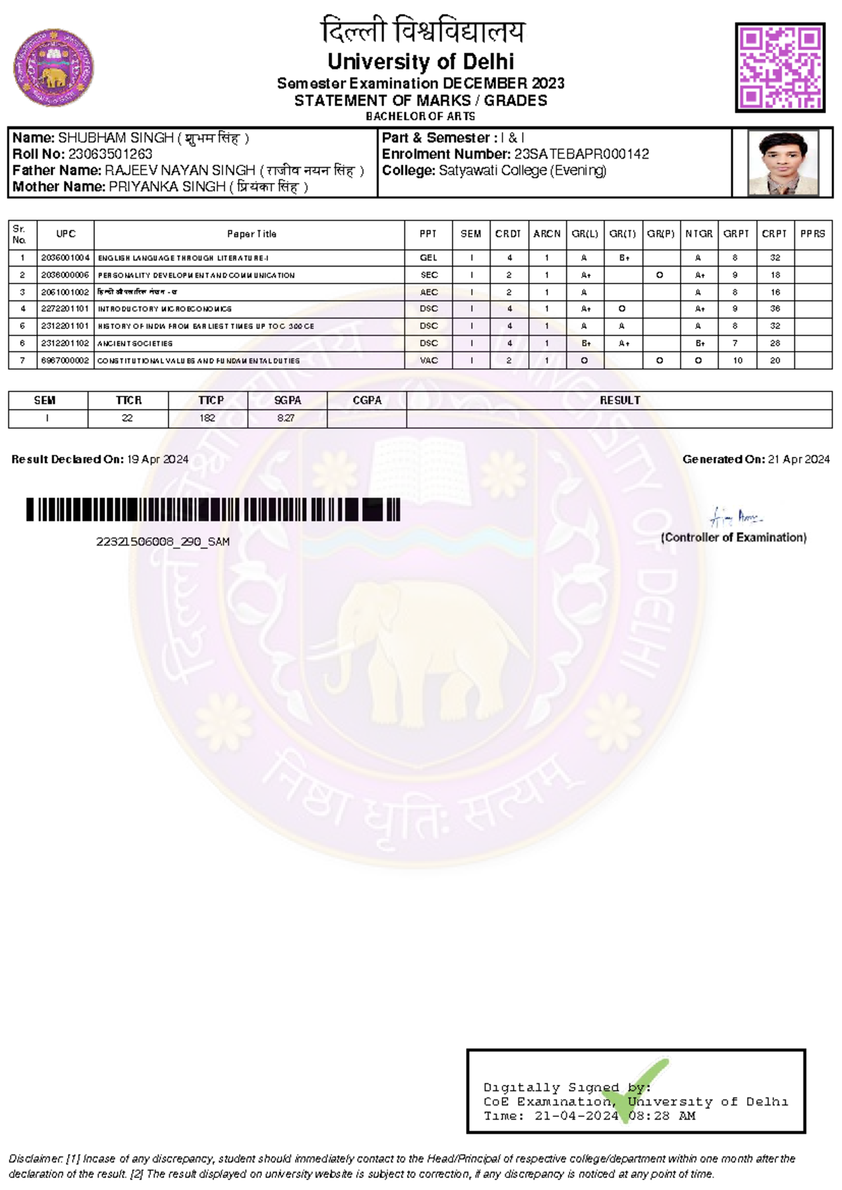 University of Delhi BA Semester I Marks Statement - Dec 2023 - Studocu