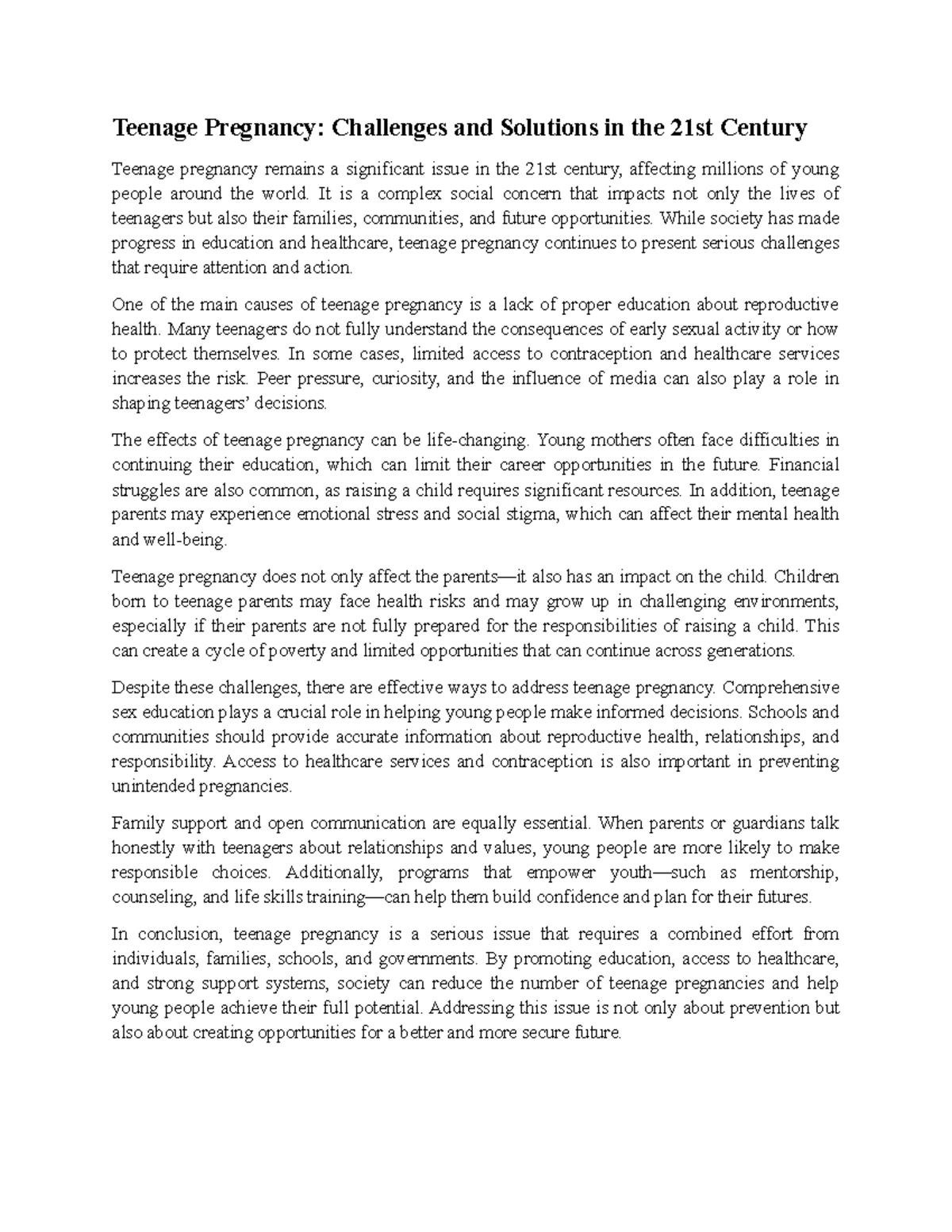Teenage Pregnancy: Challenges & Solutions in the 21st Century - Studocu