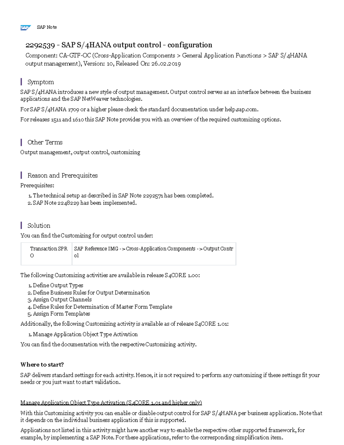 SAP S4HANA Output Control Configuration Guide (Note 2292539) - Studocu