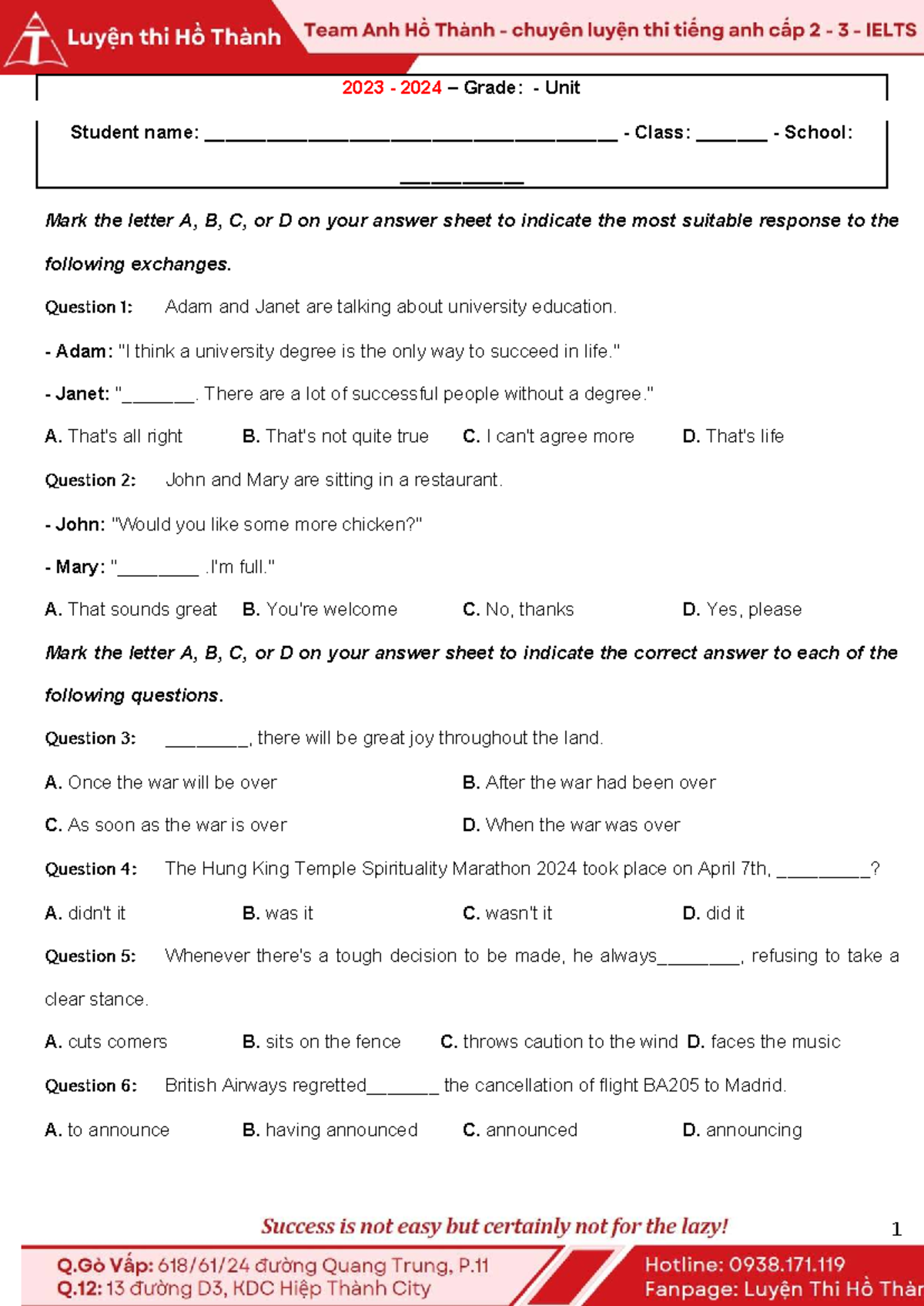 2023-2024 Grade: Multiple Choice Questions for English Proficiency Exam ...