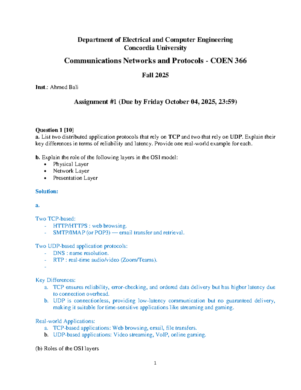 Communications Networks & Protocols COEN 366 Assignment 1 Solutions ...