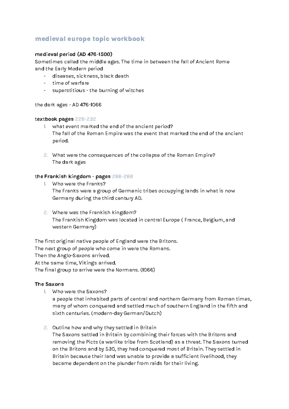 Medieval Europe Topic Workbook: Key Events and Impacts (AD) - Studocu