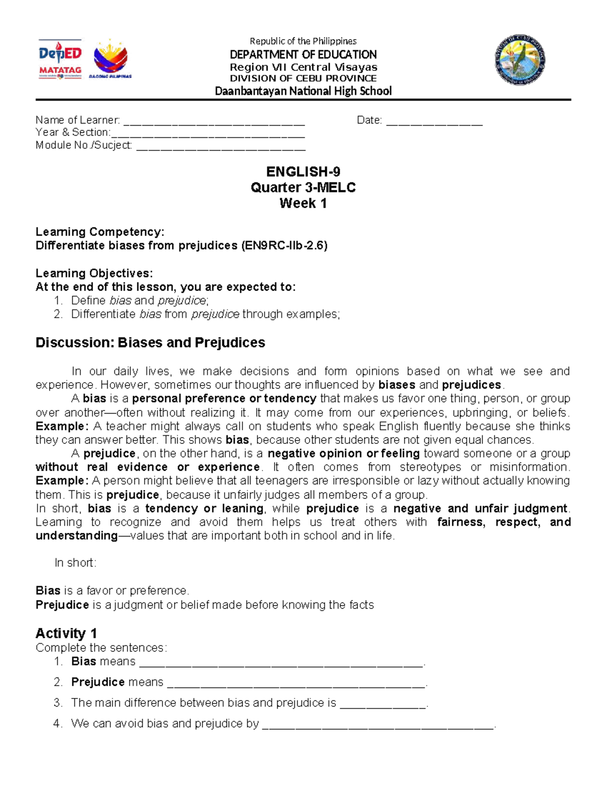 English 9 Learning Activity Sheet: Bias vs. Prejudice (Q3 W1) - Studocu
