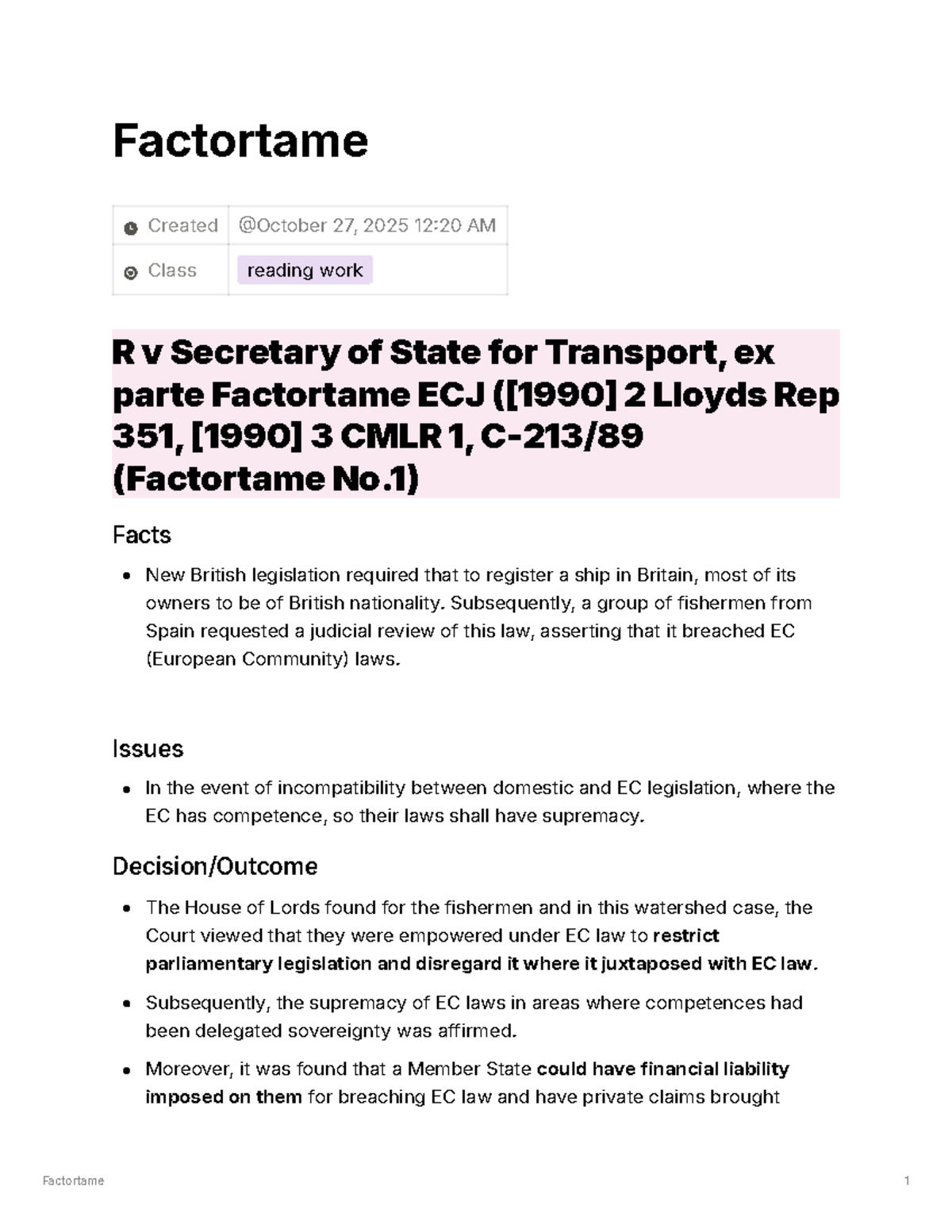Factortame Case Summary: R v Secretary of State for Transport (ECJ) - Studocu