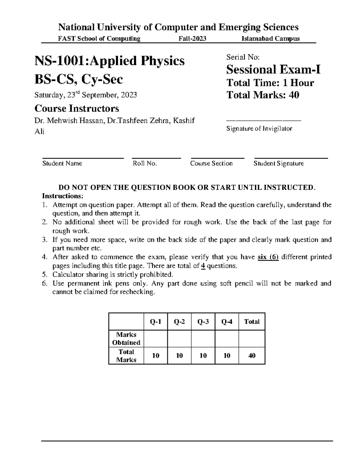 NS-1001: Applied Physics Sessional Exam-I Fall 2023 - Studocu