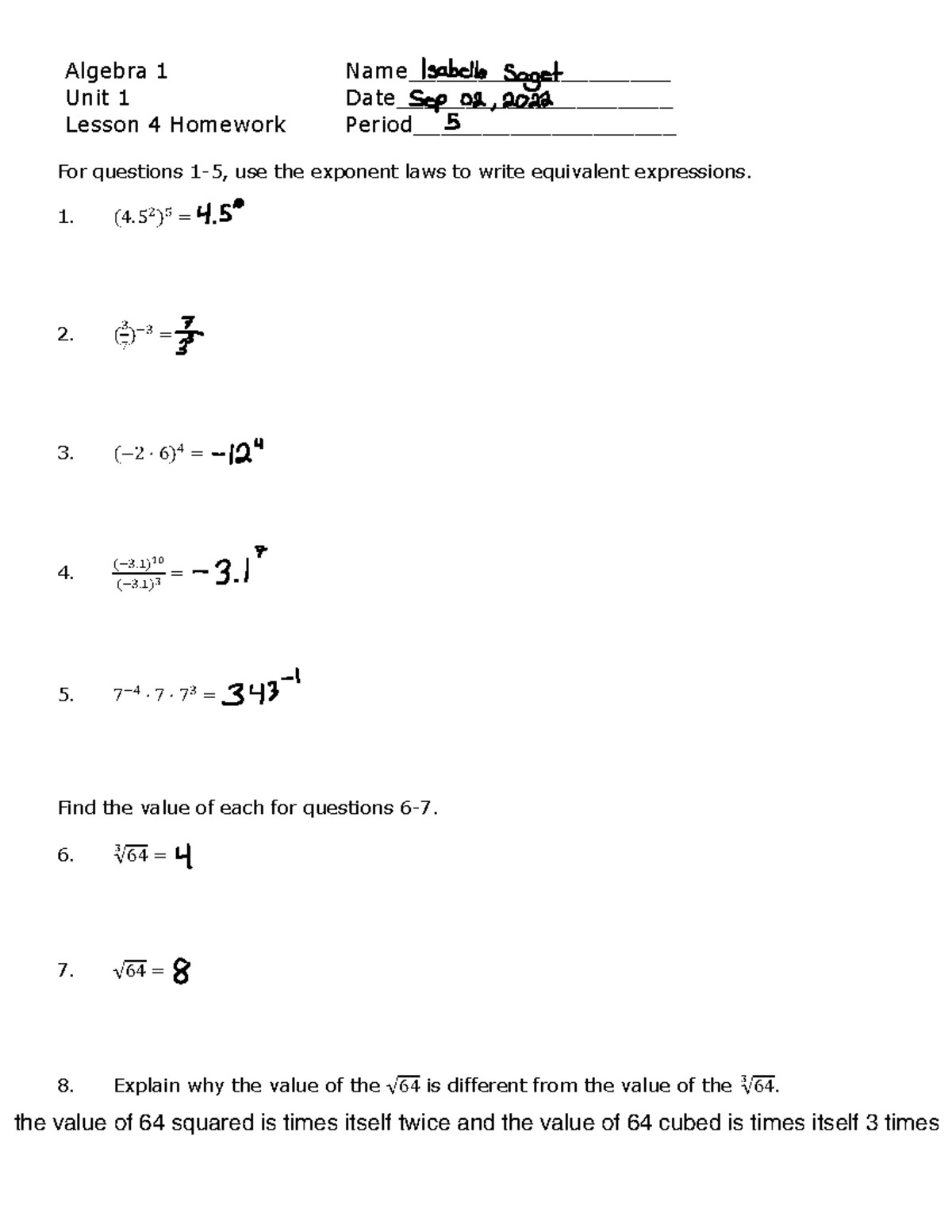 Edited - 1.4 hw - upon - Algebra 1 Name___________________ Unit 1 Date