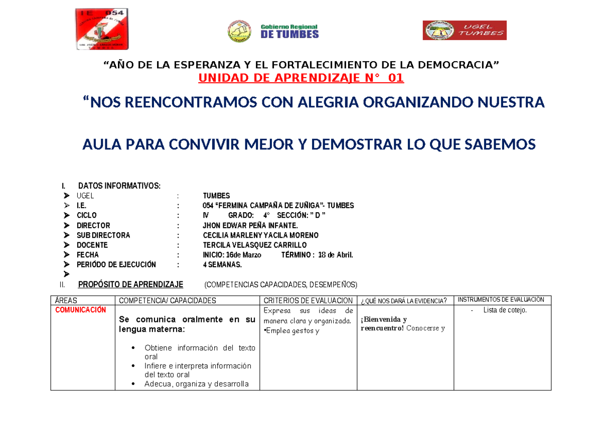 Unidad de Aprendizaje: Fortalecimiento de la Convivencia en Aula - IV ...