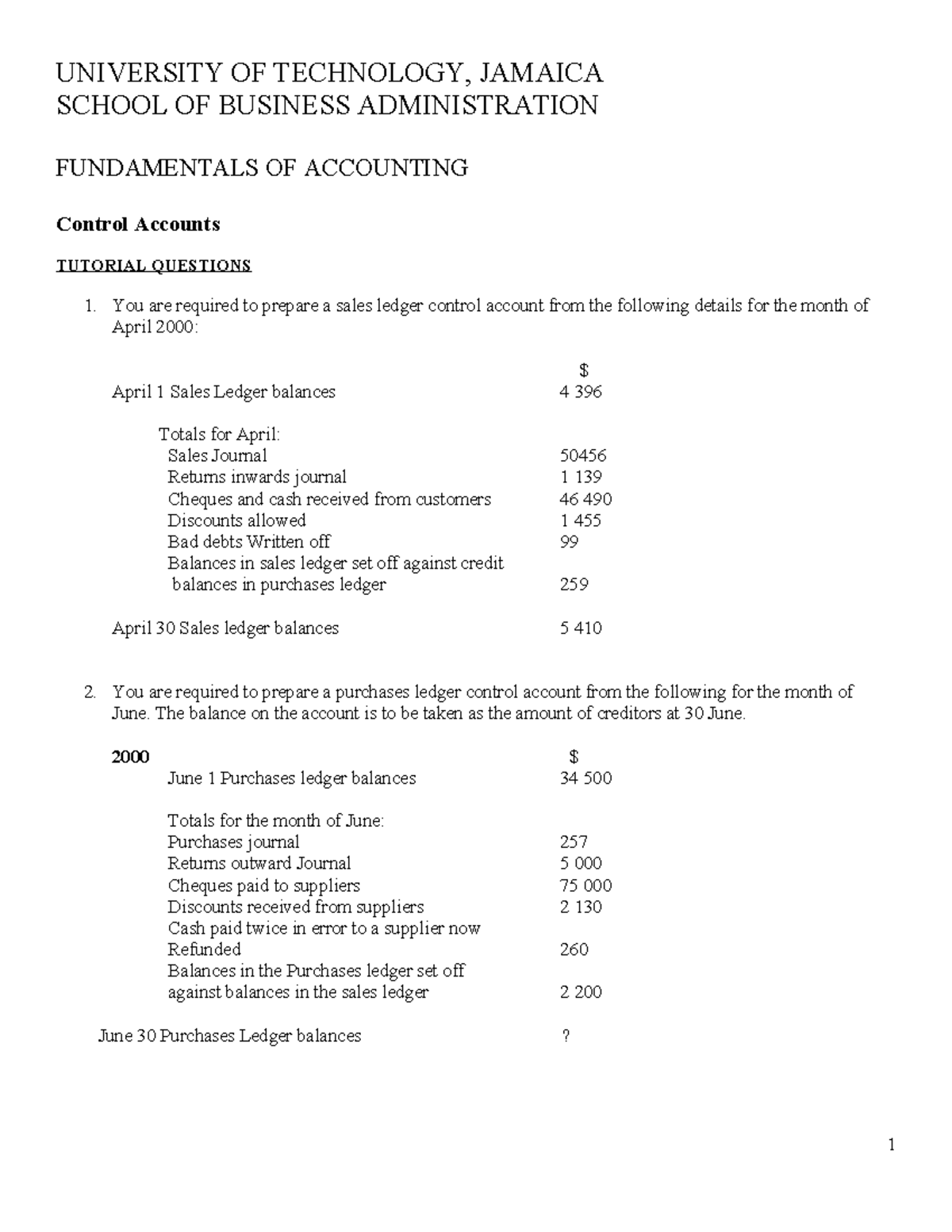 Unit 9 Control Accounts Tutorial Questions - Fundamentals of Accounting - Studocu
