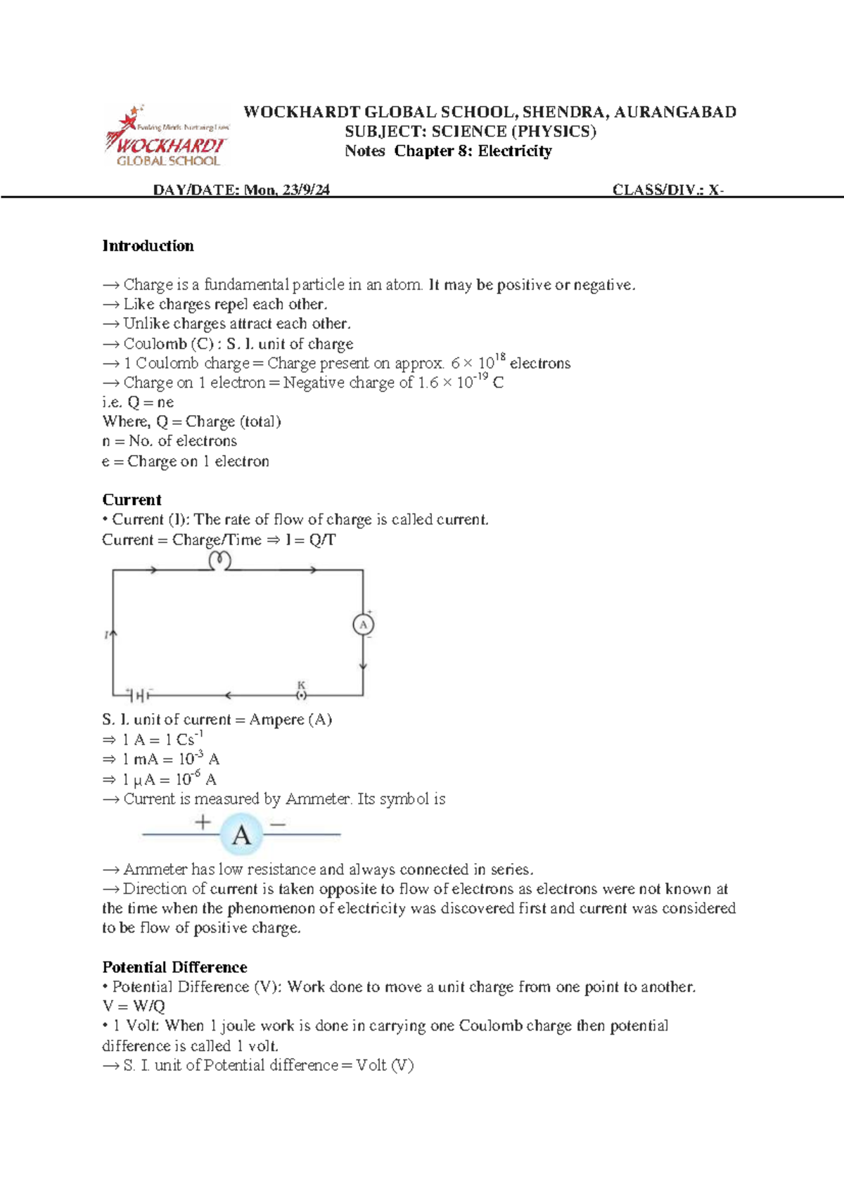 Class 10 Science (Physics) Notes: Chapter 8 - Electricity - Studocu