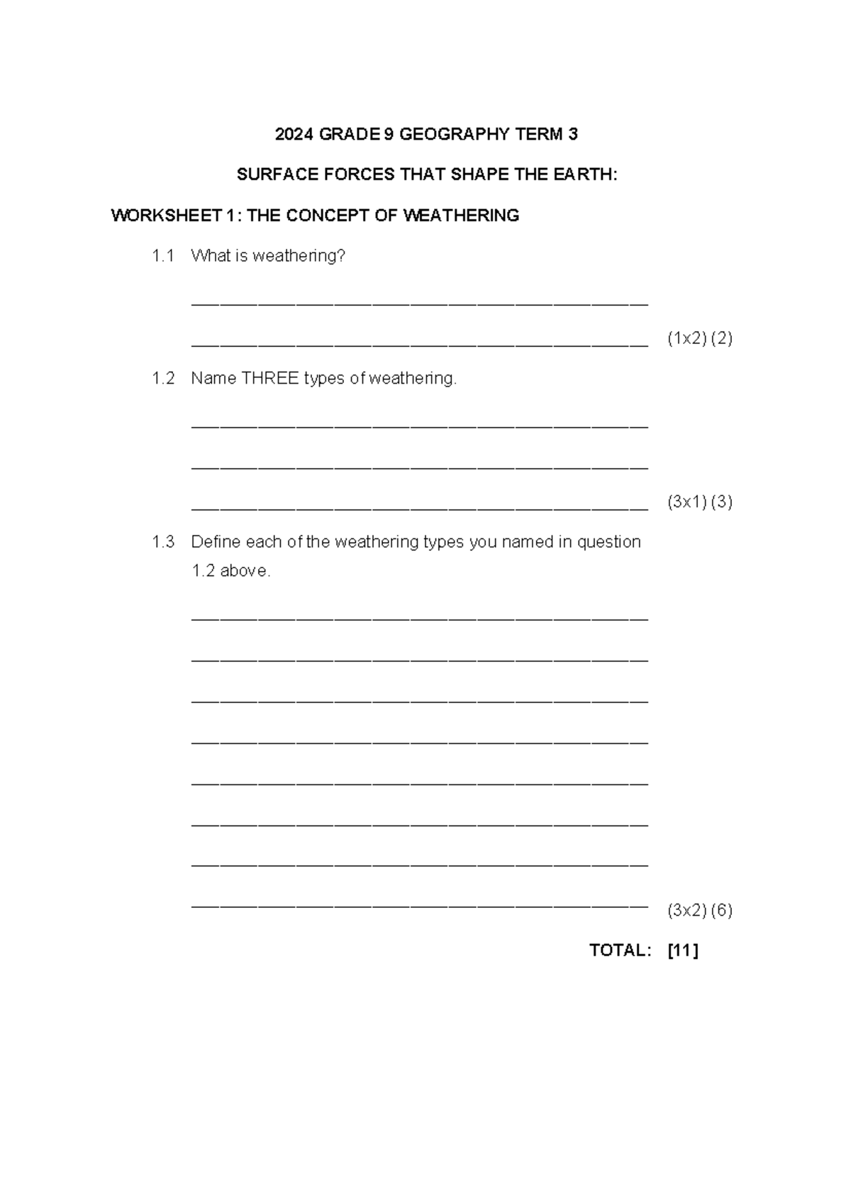 2024 GR 9 T3 Geography Worksheets: Surface Forces & Weathering Concepts ...