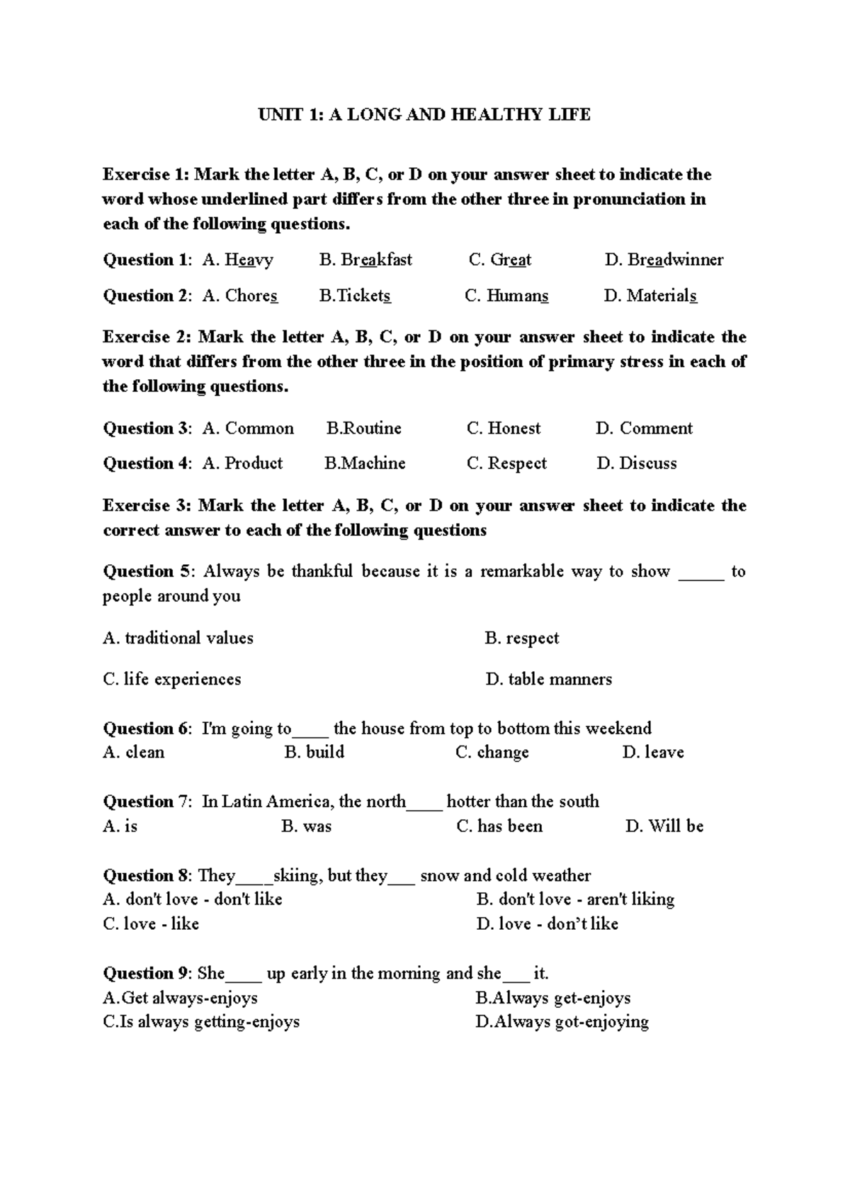 Group 3 Unit 1 A long and healthy life - UNIT 1: A LONG AND HEALTHY ...