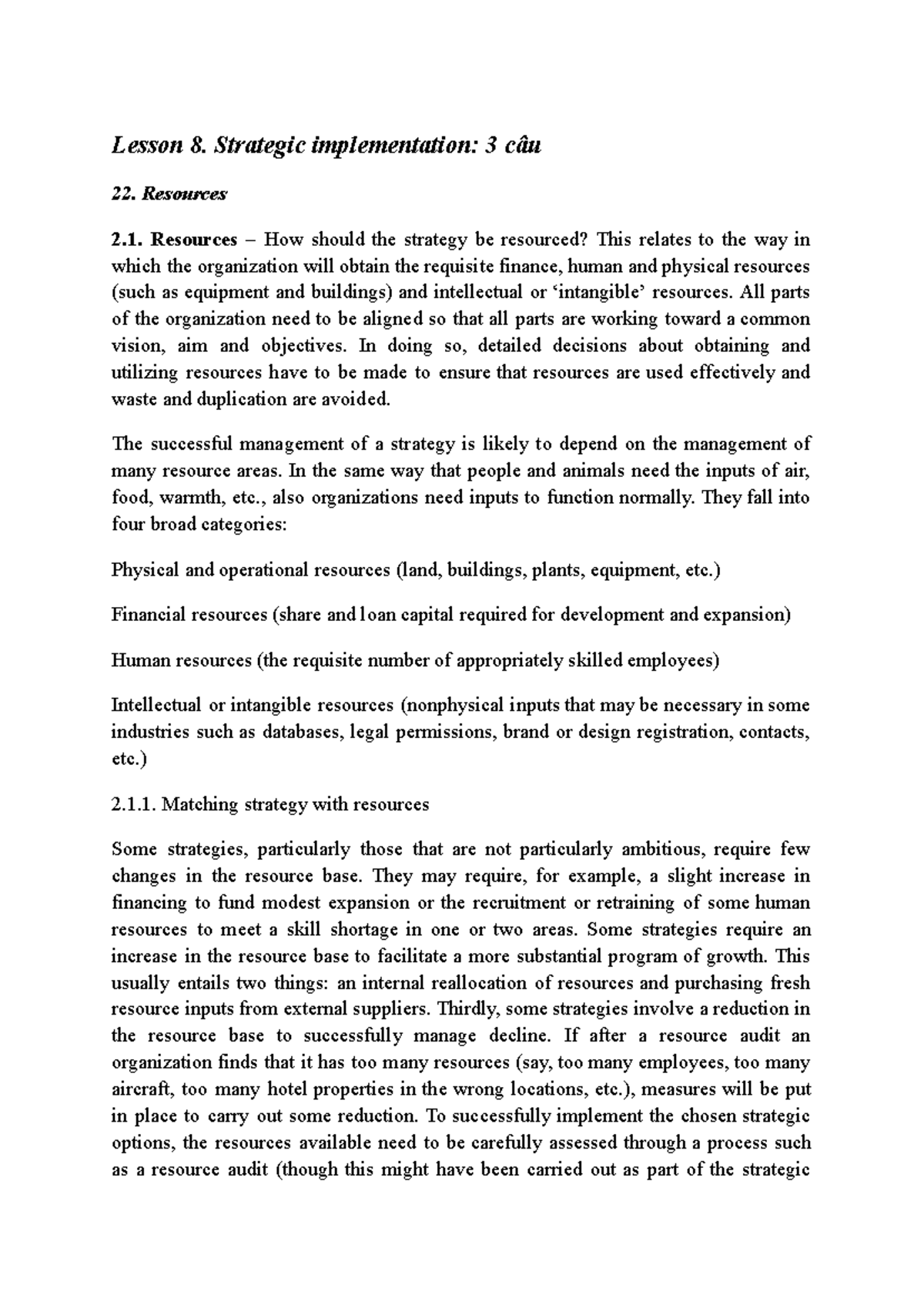Lesson 8: Strategic Implementation & Resource Management (STRAT 322) - Studocu