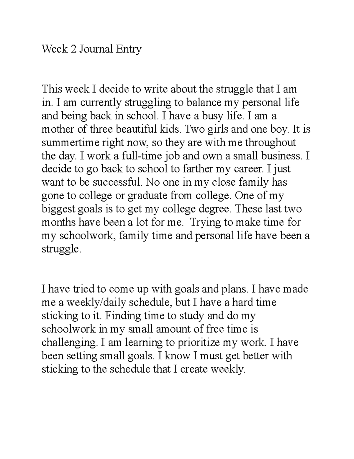 ENG 101 Week 2 Journal Entry: Balancing Life and School - Studocu