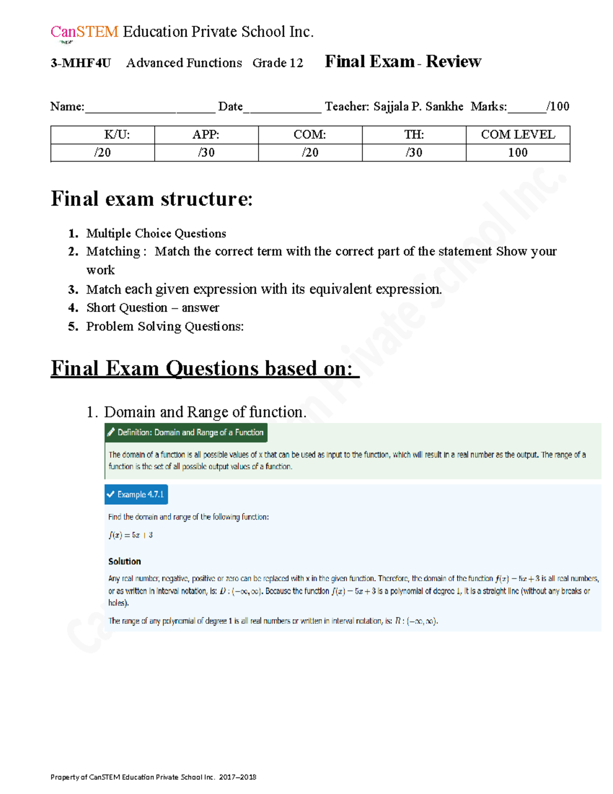 3- MHF4U Advanced Functions Grade 12 Final Exam Review - Studocu