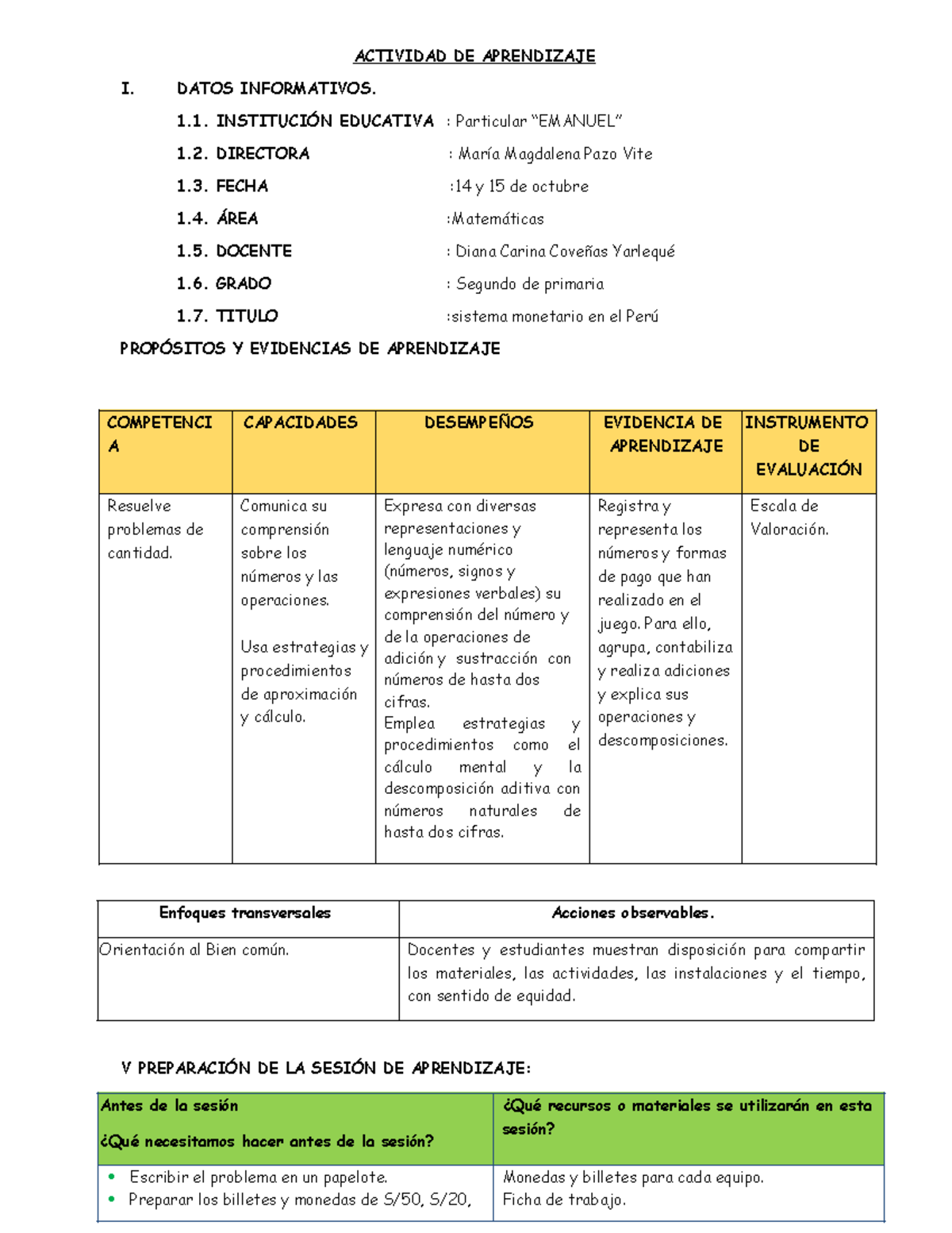 Sesión de Aprendizaje: Uso de Monedas y Billetes en Matemáticas (MAT 19 ...