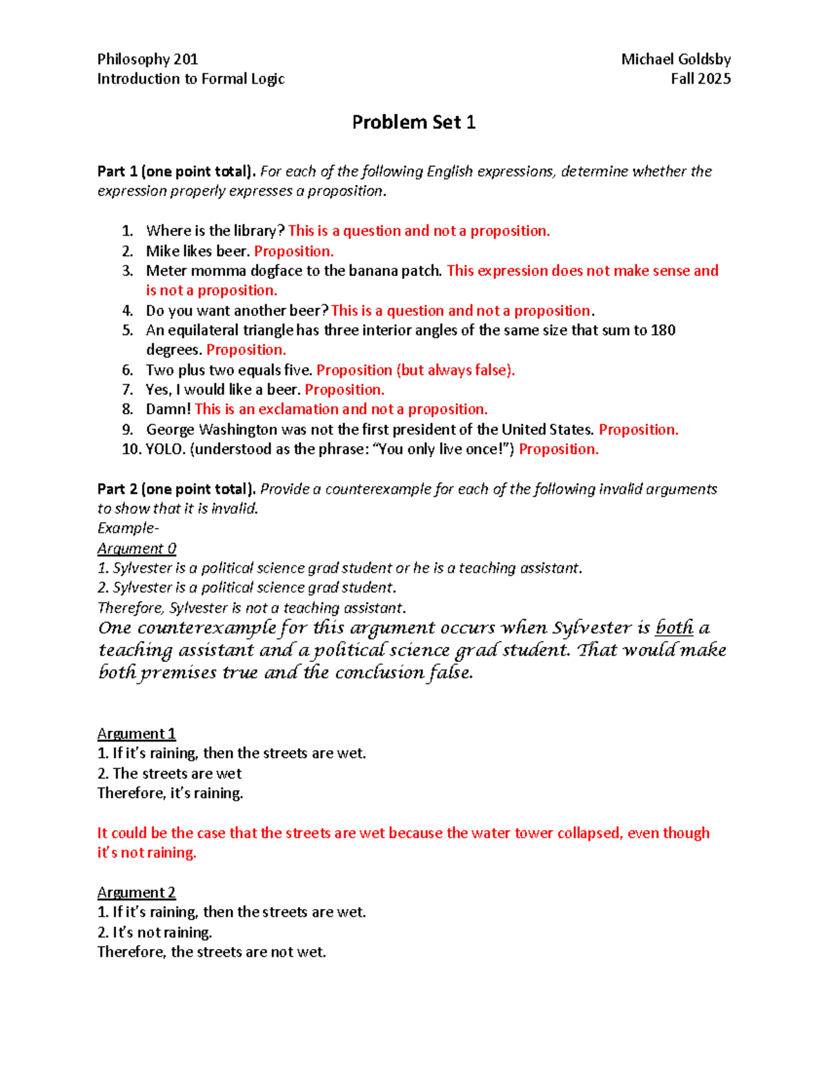 Philosophy 201: Formal Logic Problem Set 1 - Fall 2025 - Studocu