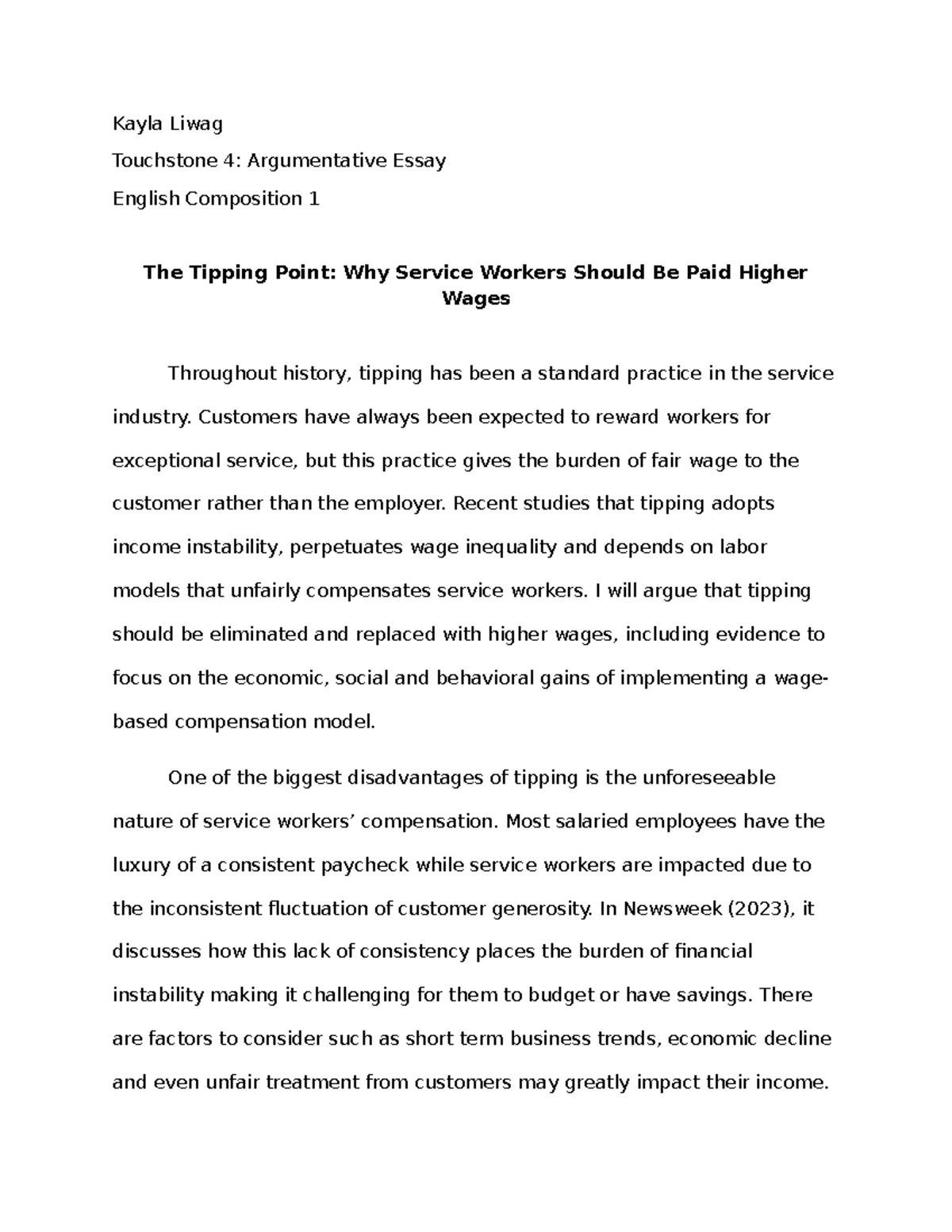 Touchstone 4: Argumentative Essay on Tipping and Fair Wages in Service ...