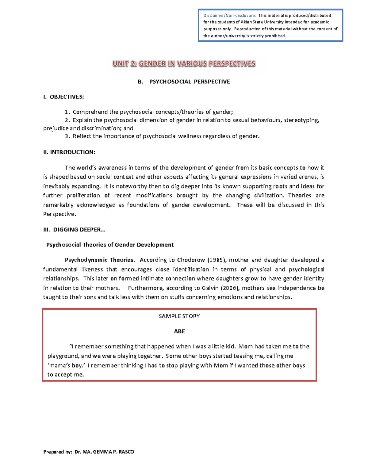 Unit 2B: Gender and Society - Psychosocial Perspectives on Sexual ...