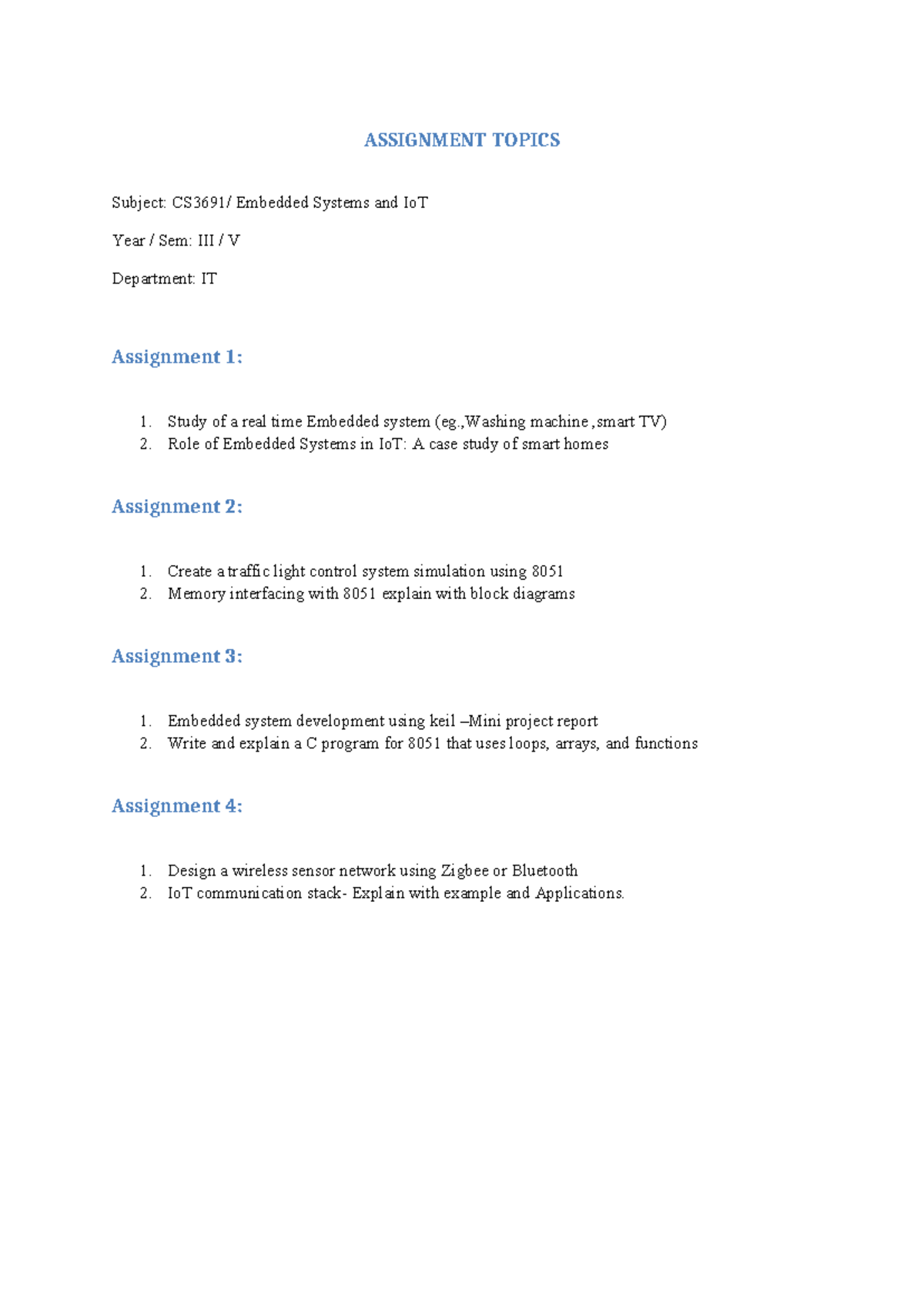 IoT & Embedded Systems Assignment Topics - Sem V - Studocu