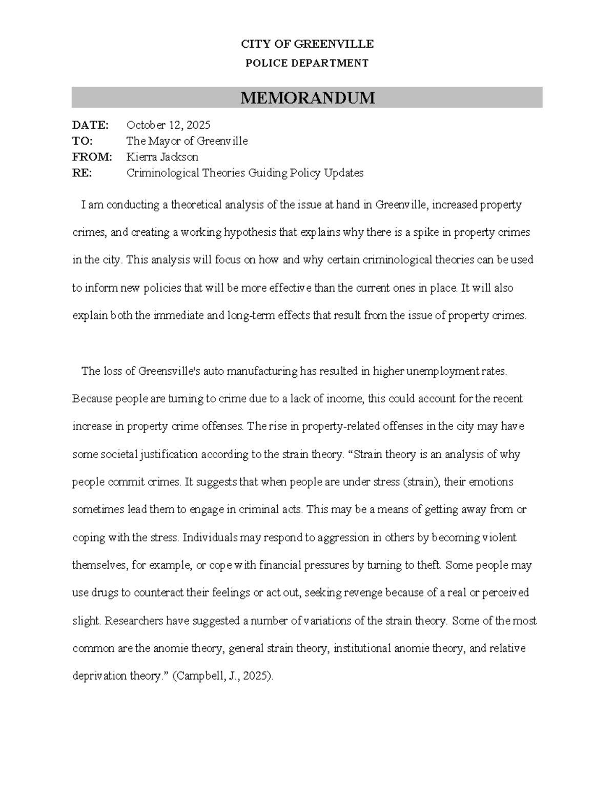 CJ 306 Memo: Criminological Theories on Greenville's Property Crime ...