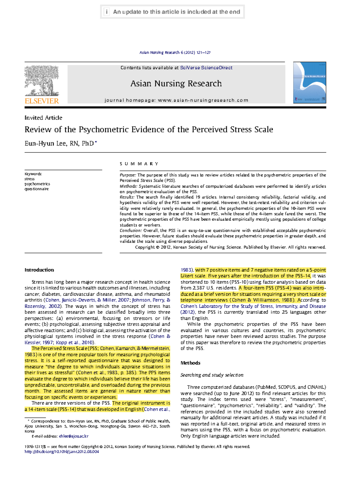 Review of Psychometric Evidence for the Perceived Stress Scale (PSS ...