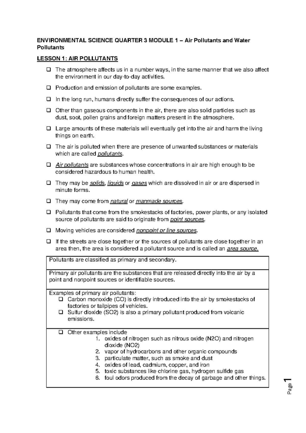 Air and Water Pollution: Environmental Science Q3 Module 1 - Studocu