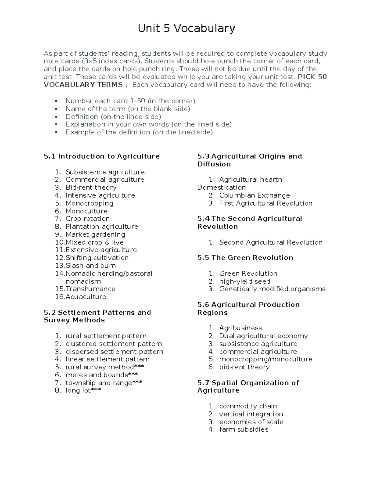 Unit 5 Vocabulary: Key Terms in Agriculture Studies (AGRI 101) - Studocu