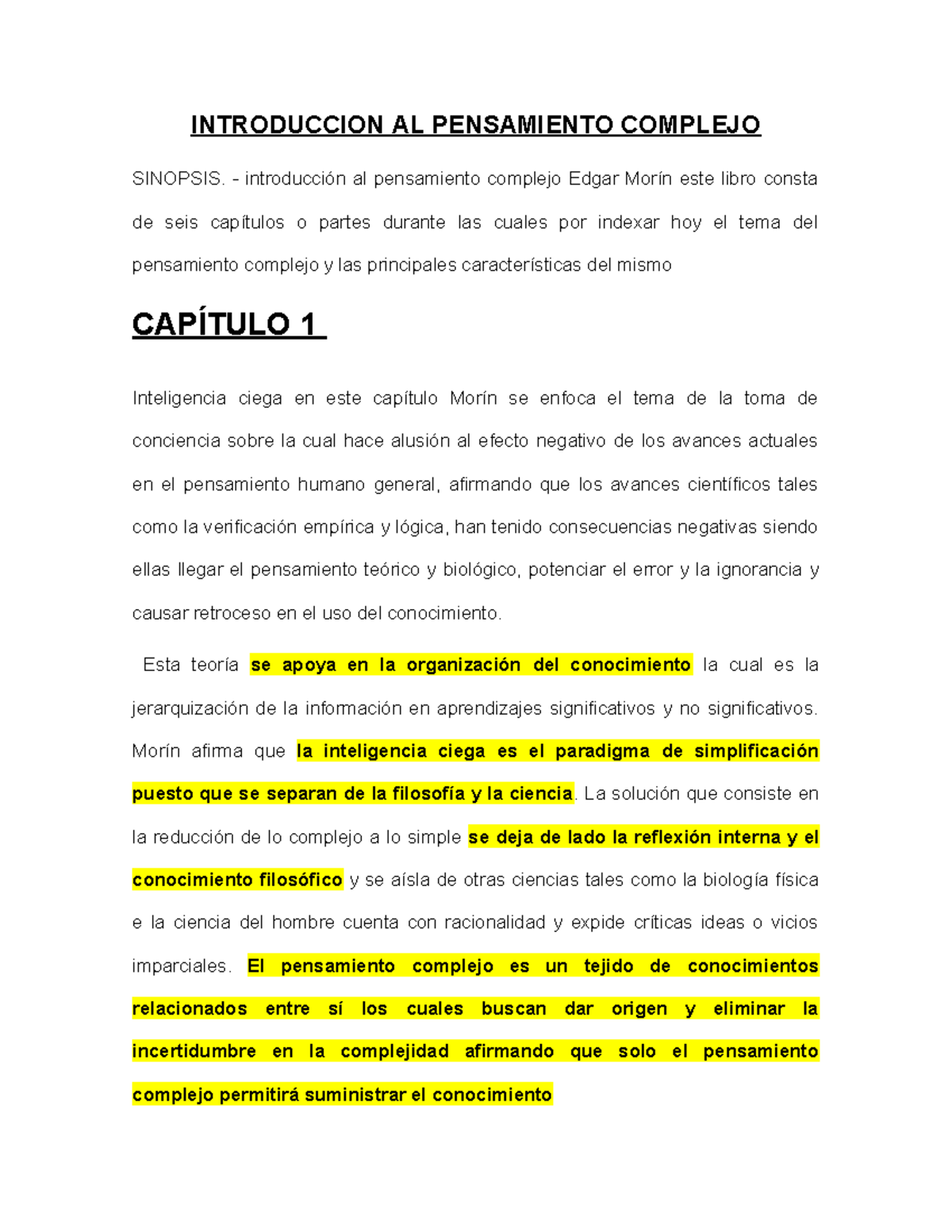 Resumen del Pensamiento Complejo de Edgar Morin - INT 101 - Studocu